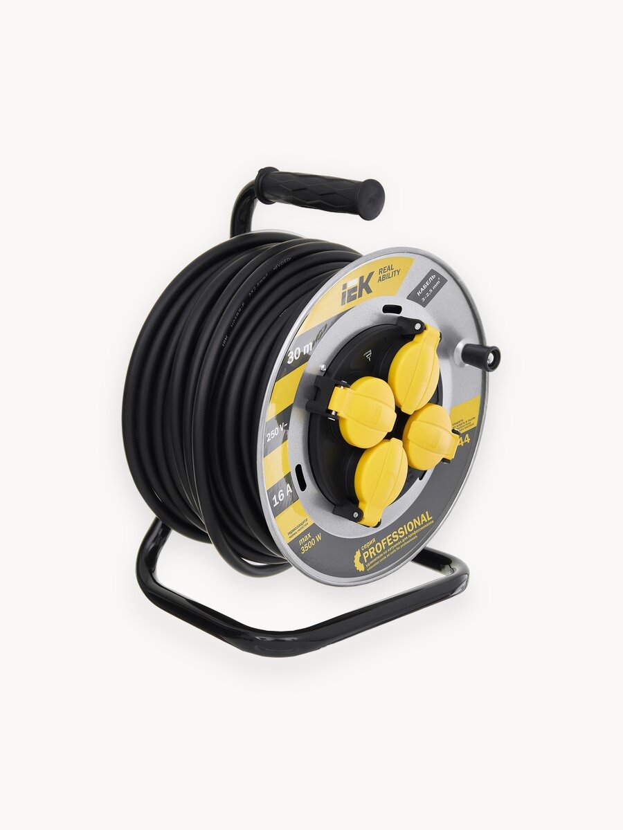 Удлинитель на катушке IEK УК30, 30м, 4 розетки, термозащита, КГ 3х2.5мм2, IP44, желтый, 3500Вт