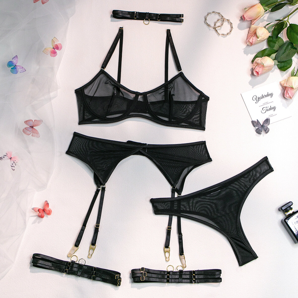 Горячая сексуальная сетчатая удобная утягивающая сборка со стальным кольцом сексуальное нижнее белье комплект из четырех предметов