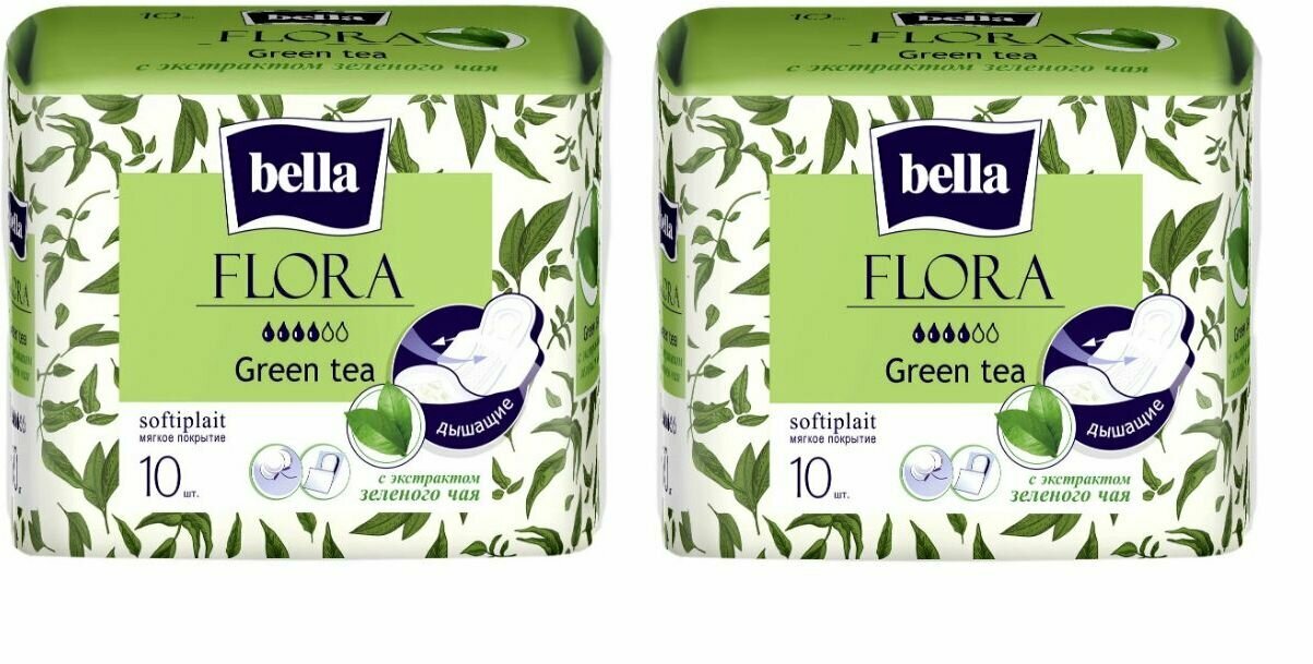 BELLA Прокладки гигиенические с экстрактом зеленого чая "Green tea" FLORA,10 шт, 2 упаковки