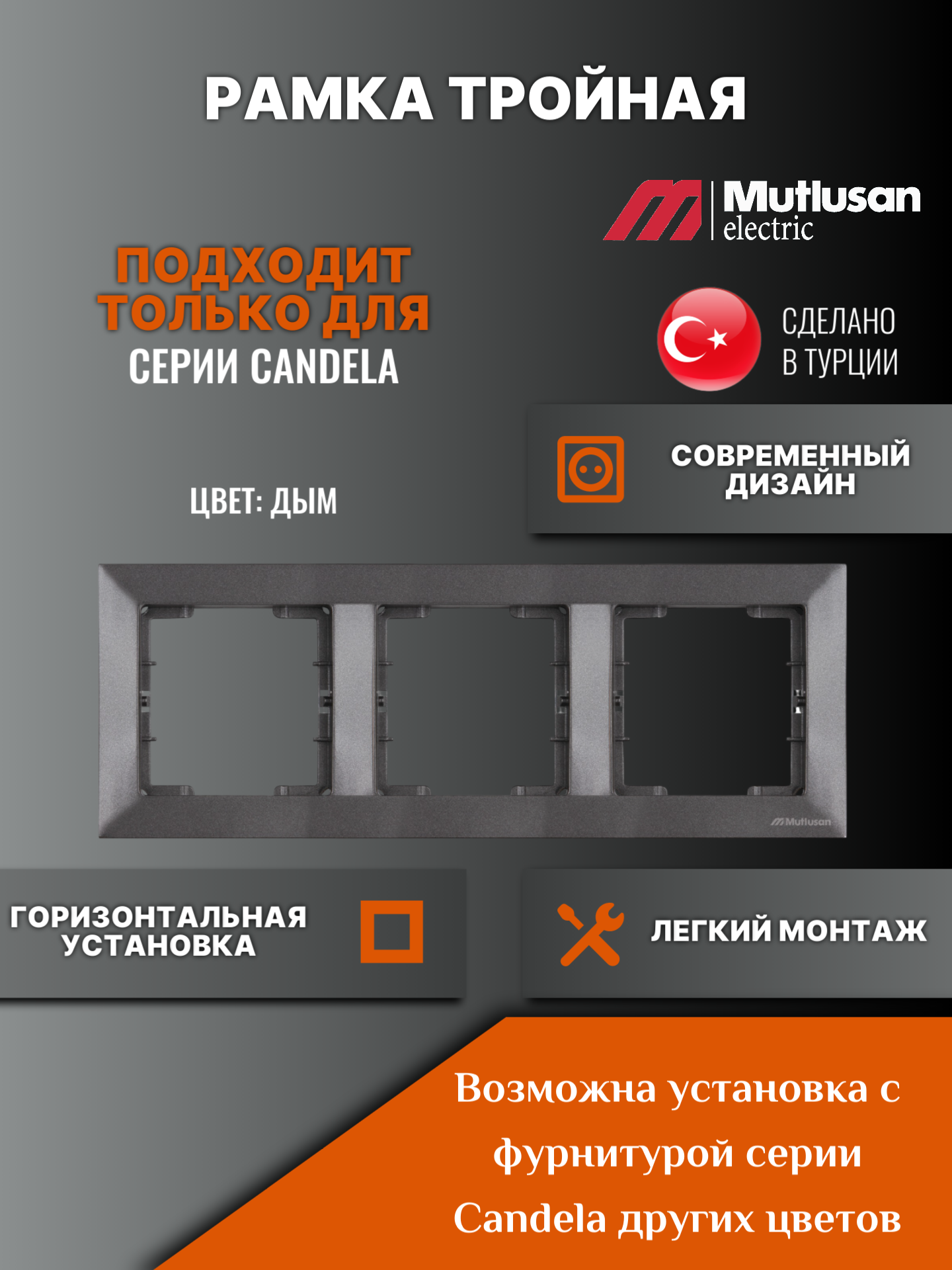 Рамка для розеток и выключателей тройная Mutlusan Candela, цвет дым