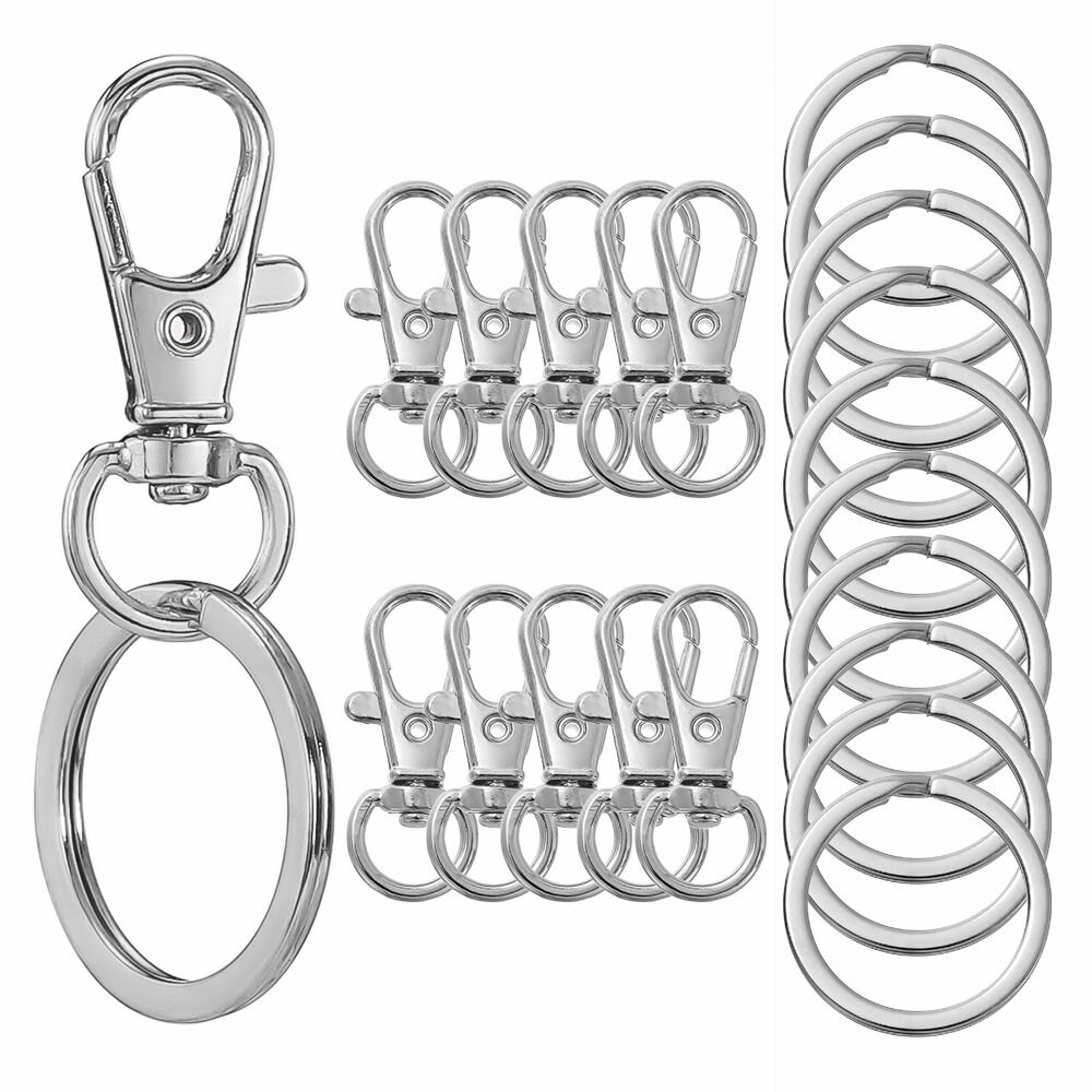 Карабин застежка 32 мм и кольца для ключей 25 мм, 20 шт в наборе, родий, фурнитура для брелков, сумок и DIY украшений