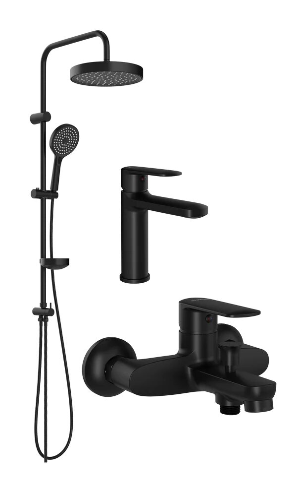 Комплект для ванной Смеситель STWORKI Хадстен S17010BK матовый черный / Стойка Хельсингборг S18180BK матовая черная / Смеситель S17100BK