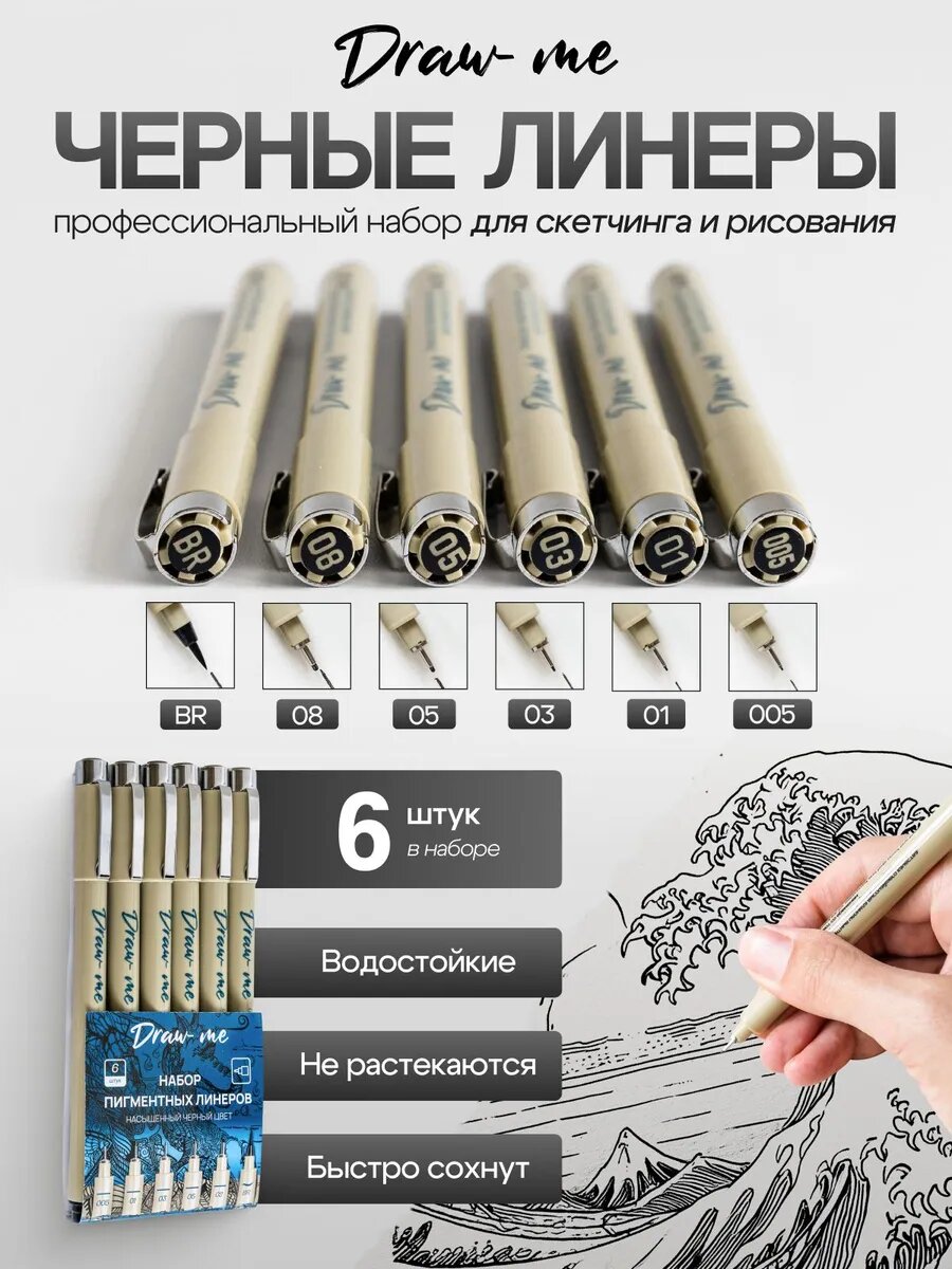 Draw Me, Линеры пигментные для скетчинга и рисования, нейрографики, черные капиллярные ручки для письма и черчения набор 6 шт