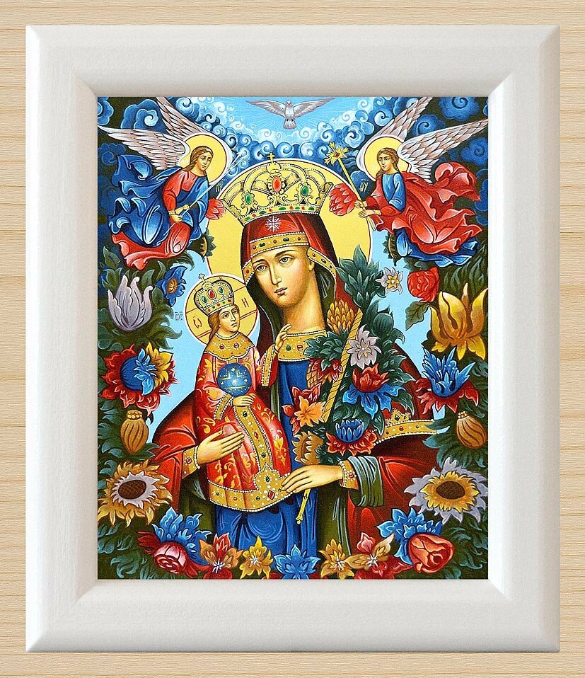Икона Божией Матери "Благоуханный Цвет", в белой деревянной рамке 12,5*14,5 см
