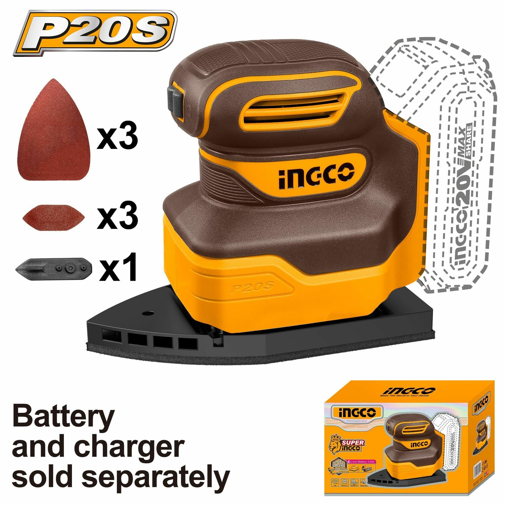 Машина вибро-шлиф аккумуляторная 95х170мм без АКБ и ЗУ INGCO INDUSTRIAL CPSLI2014