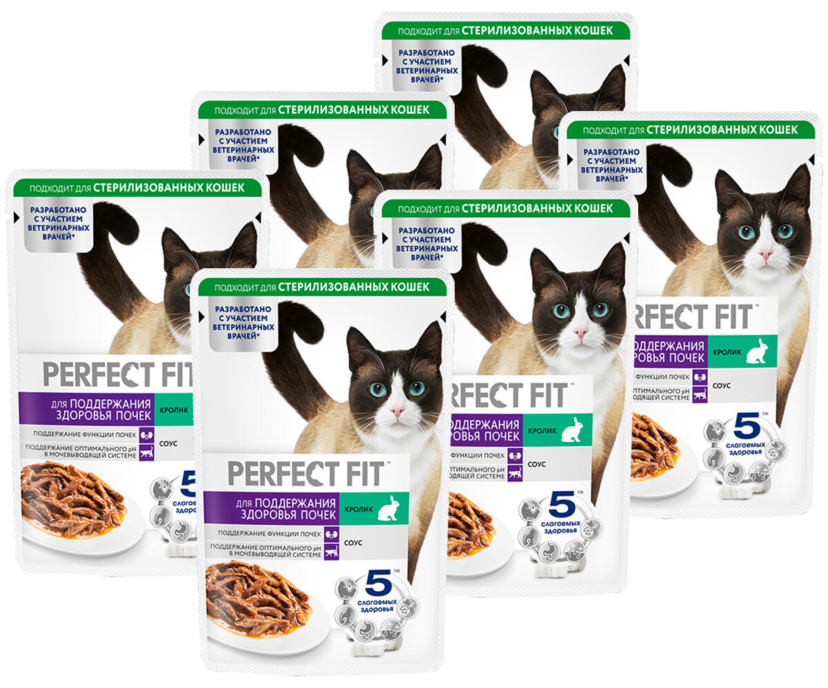 Корм влажный Perfect Fit для взрослых кошек для поддержания здоровья почек, кролик в соусе, пауч, 75 г х 6 шт