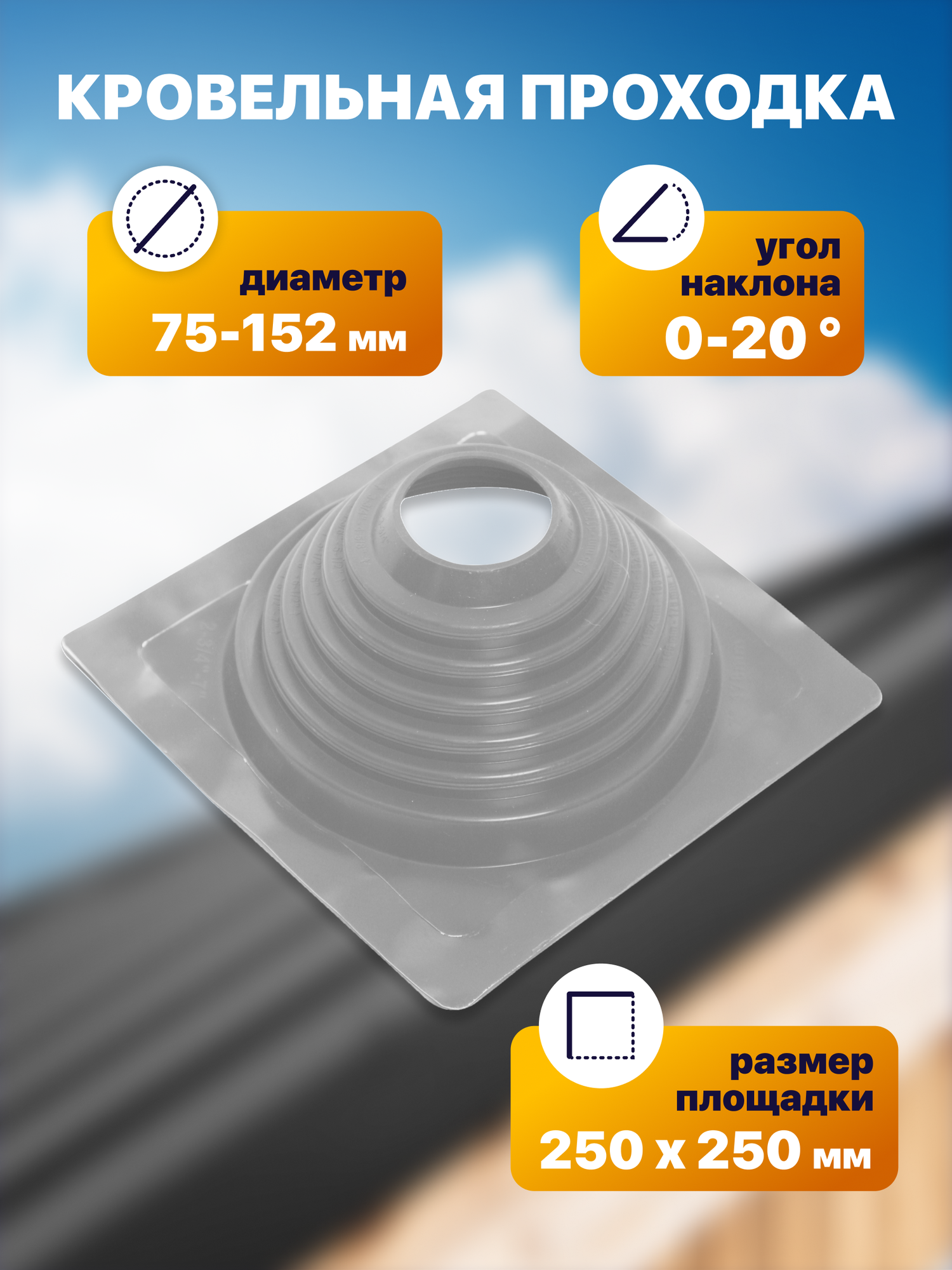 Уплотнитель кровли (кровельная проходка) №36 прямой 75-152мм 250х250мм серый