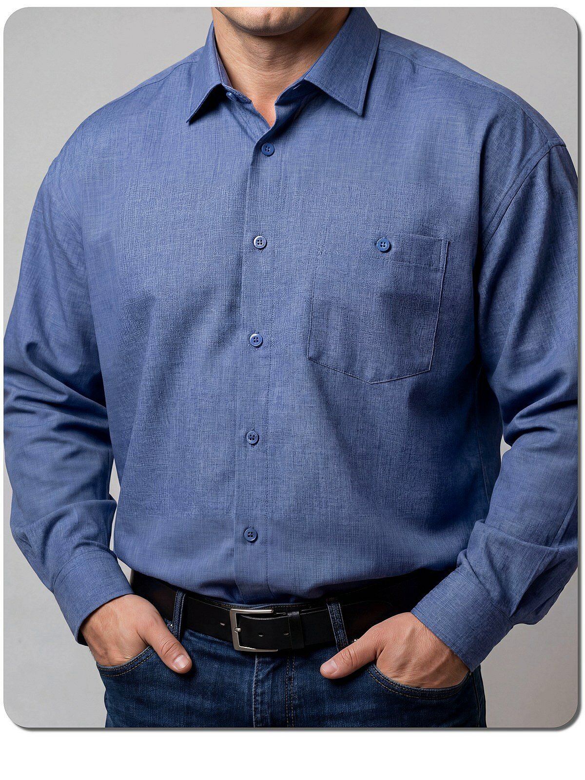 Рубашка Мужская рубашка с длинным рукавом прямая классическая, светлая сорочка на пуговицах, рубаха на любой сезон, синяя однотонная, с карманом, на любой сезон и на лето рубашка