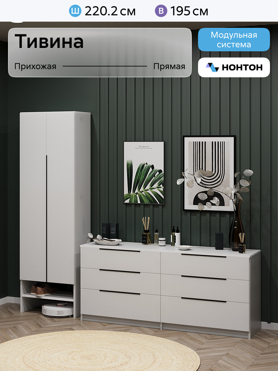 Стенка в прихожую Нонтон Тивина №5, 210x39x195 см, 2 модуля, белый текстурный