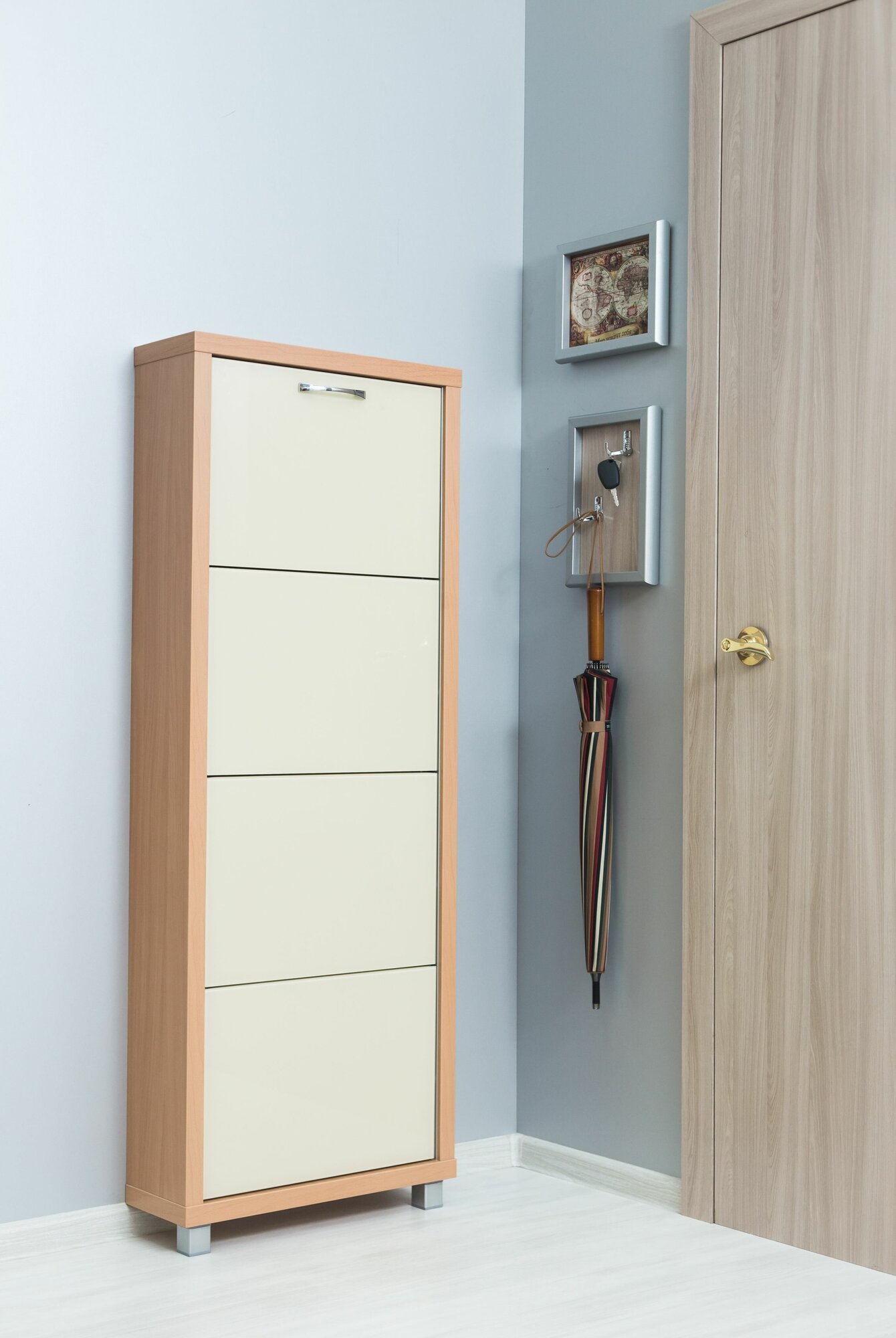 Шкаф обувной Люкс, Бук 4 отделения, фасад стекло капучино