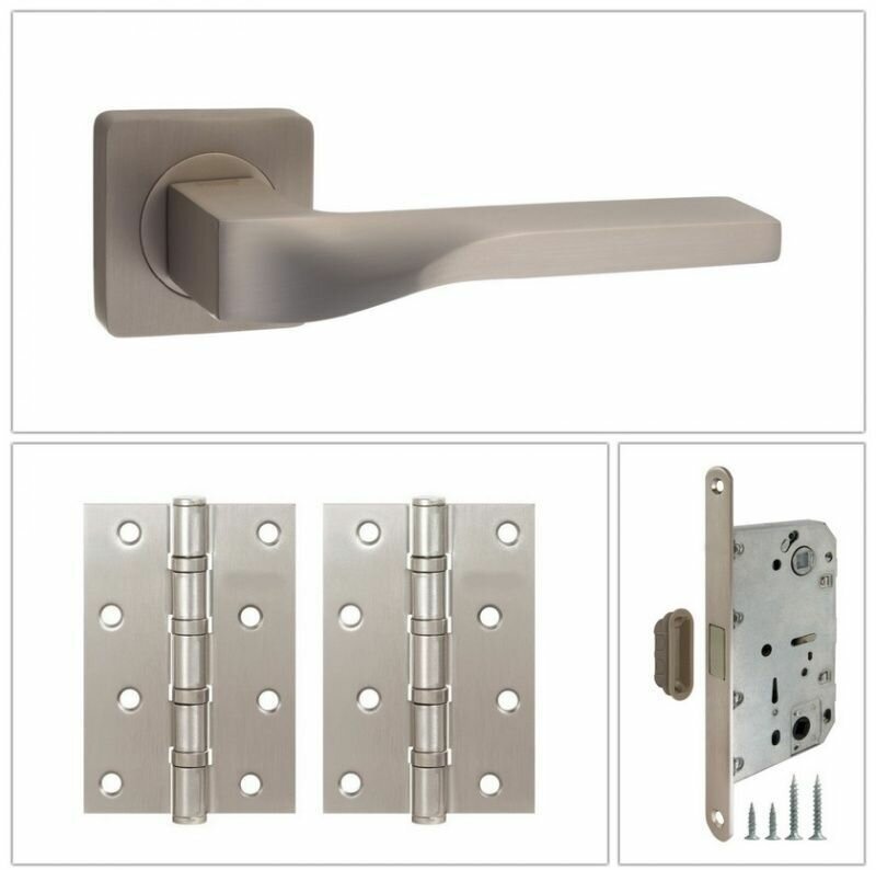 Ручка дверная межкомнатная Renz INDH_98-02_MSN_MAG, никель супер матовый (ручка + 2 универсальные петли + магнитный замок)