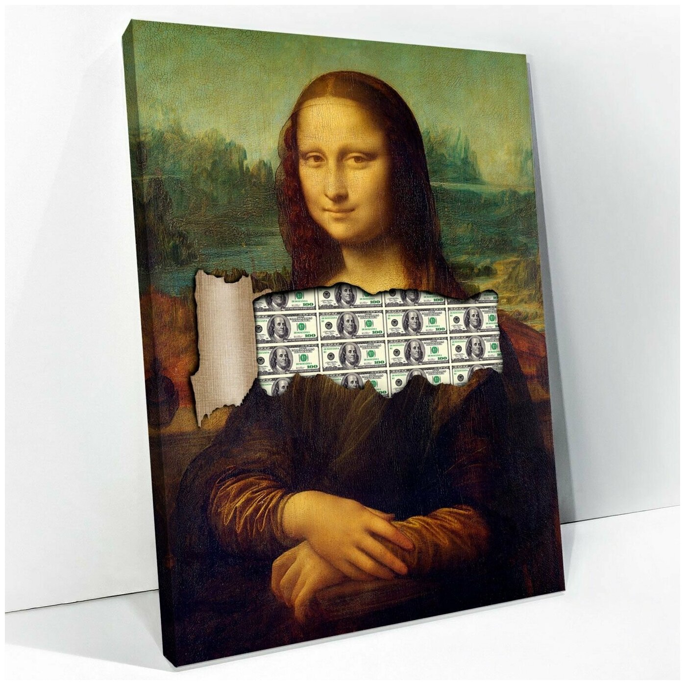 Картина Мона Лиза Леонардо да Винчи и 100 доллларов на холсте 50х70см