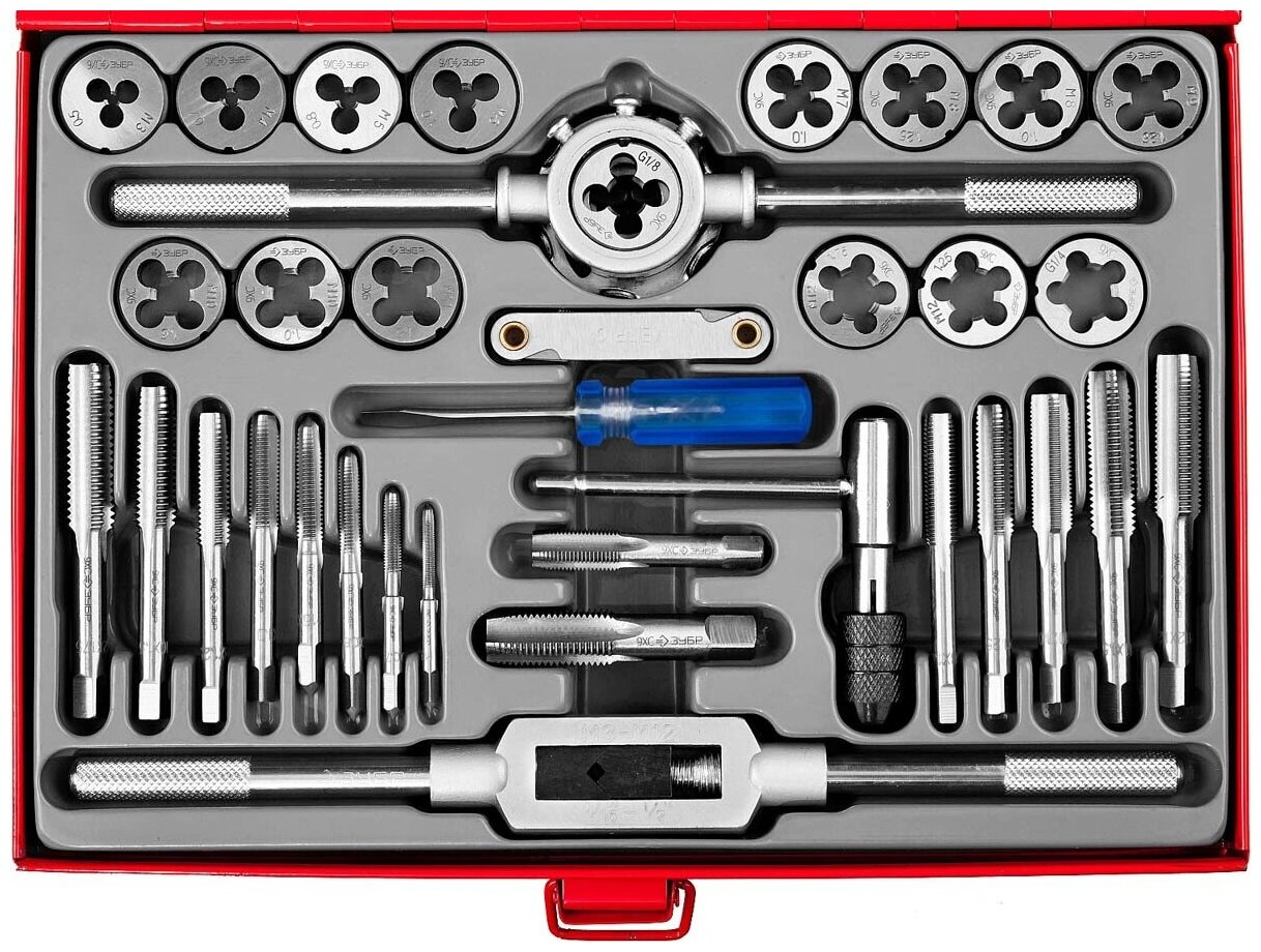 ЗУБР 35 предметов, набор метчиков и плашек, сталь 9ХС