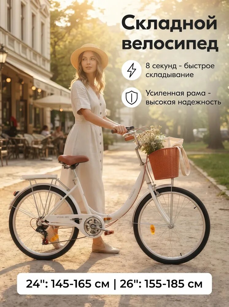Велосипед Городской, Туристический, Белый складной велосипед с одной скоростью, 24 дюйма, с корзиной.