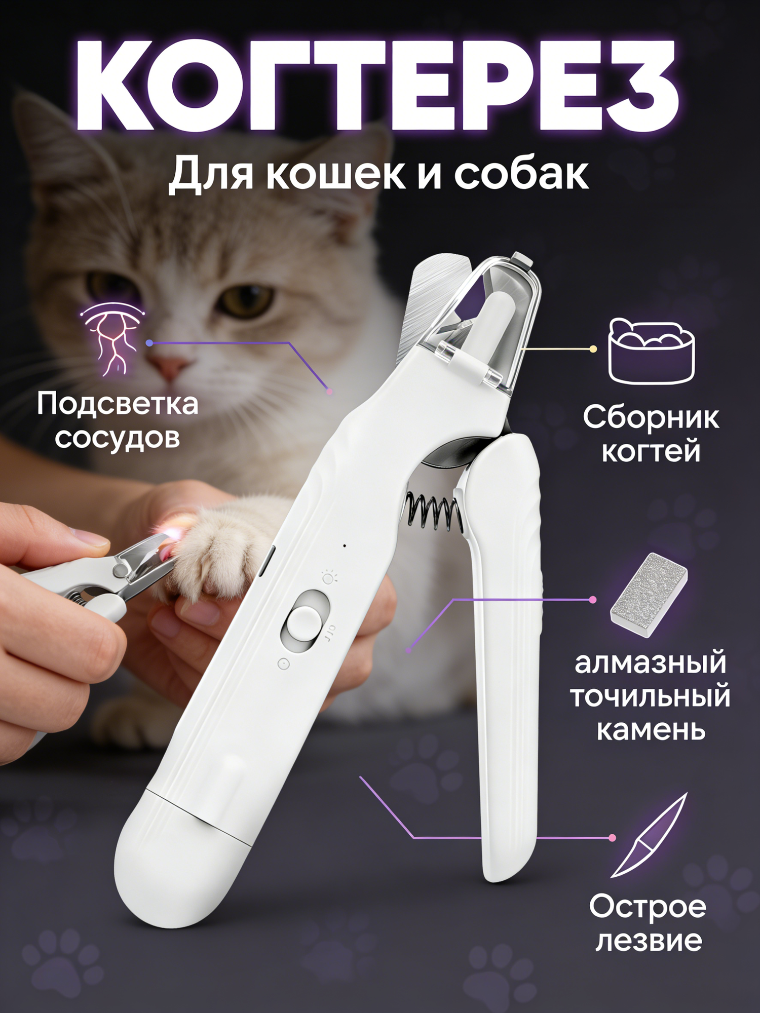 Когтерезка с подсветкой и контейнером для кошек и мелких-средних собак с ограничителем длины реза