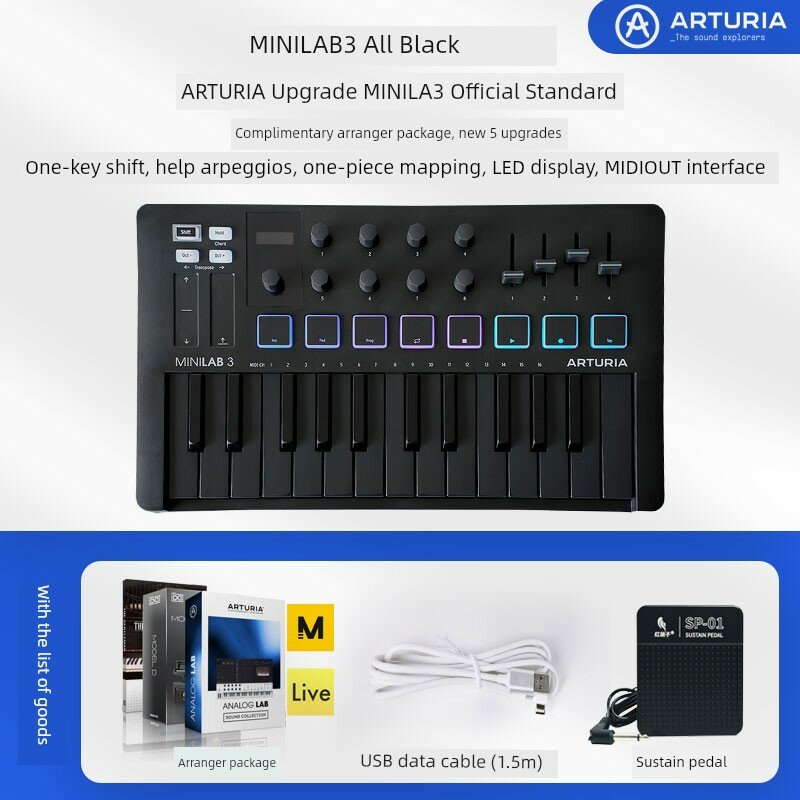 Arturia Minilab3 25-Клавишная USB-C MIDI Клавиатура с Педалью и Программой для Музыки, Черный
