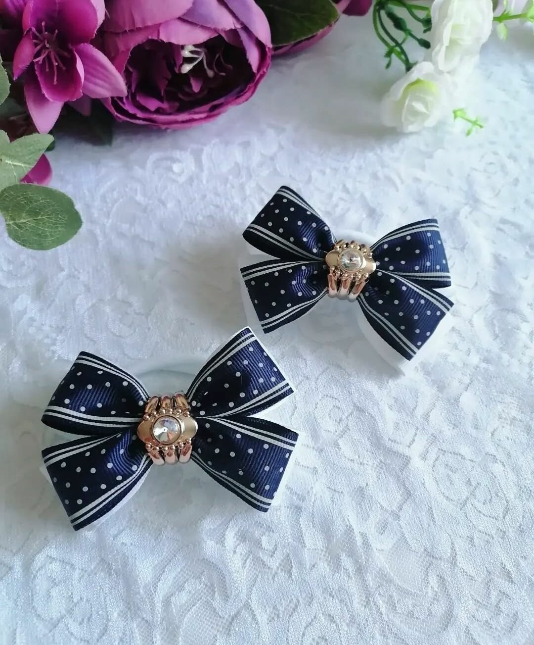 Бантики для волос "Бантики", репс, темно-синий, белые, 2 шт.