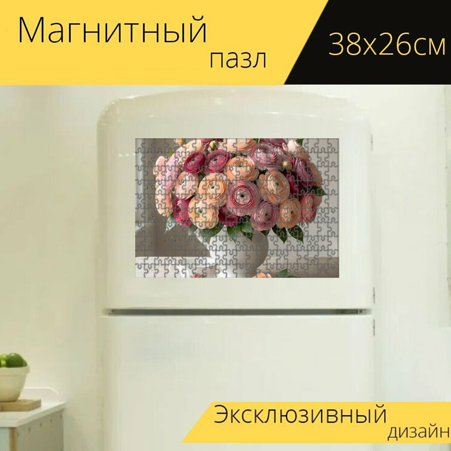 Магнитный пазл "Нежный букет ранункулюсов. Пышная композиция из многослойных весенних бутонов в пастельных розово-персиковых оттенках, на светлом фоне." для интерьера, 38х26 см.