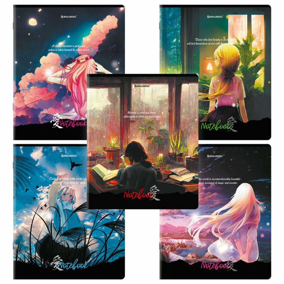 Тетради ДЭК А5 48 л. Комплект 5 шт, BRAUBERG скоба, клетка, глянцевый лак, "Anime Dreams", 404674, 404674