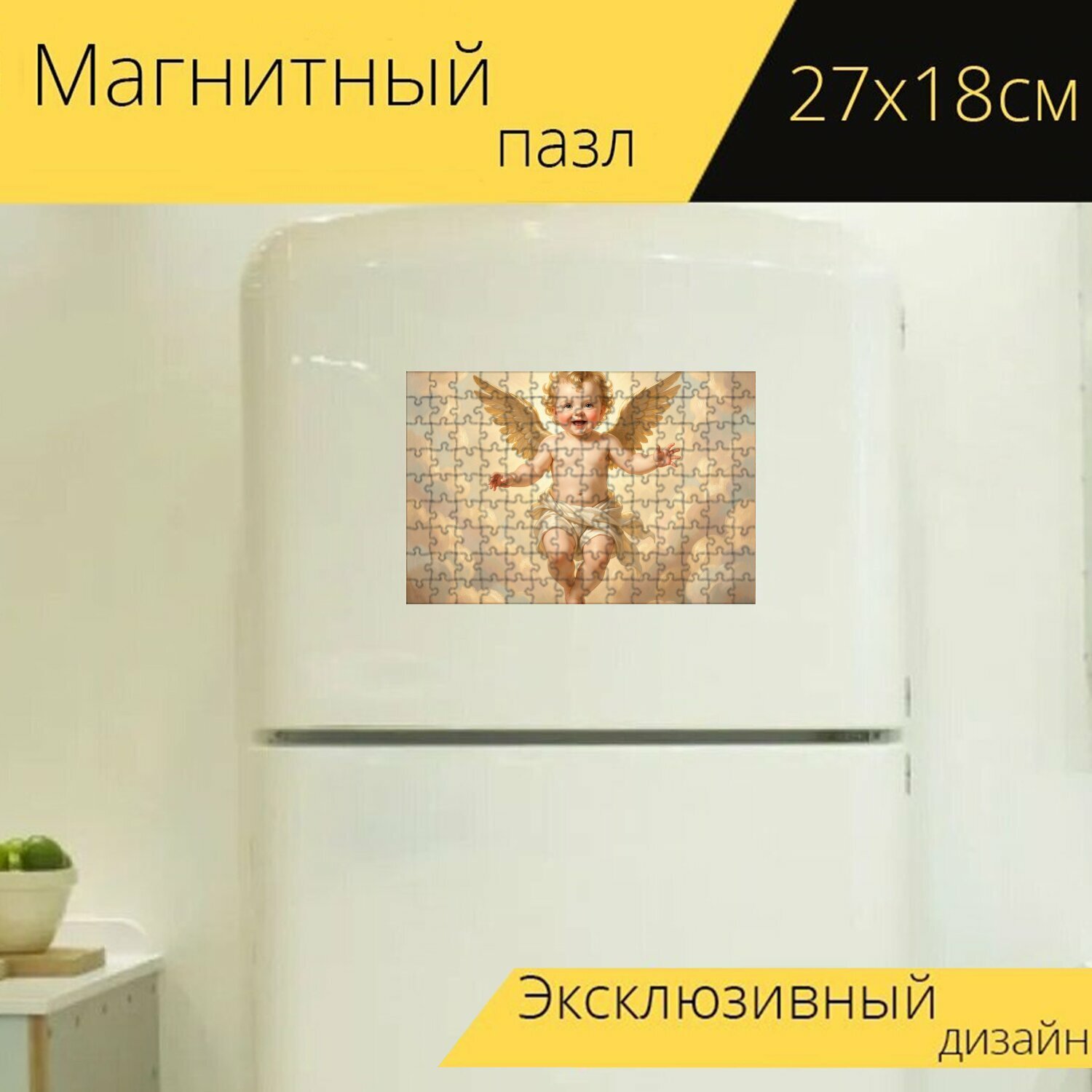 Магнитный пазл "Ангелочек среди облаков. Нежный небесный образ: улыбающийся младенец с золотистыми крыльями парит в сиянии, вокруг мягкие облака, теплые." на холодильник 27 x 18 см.