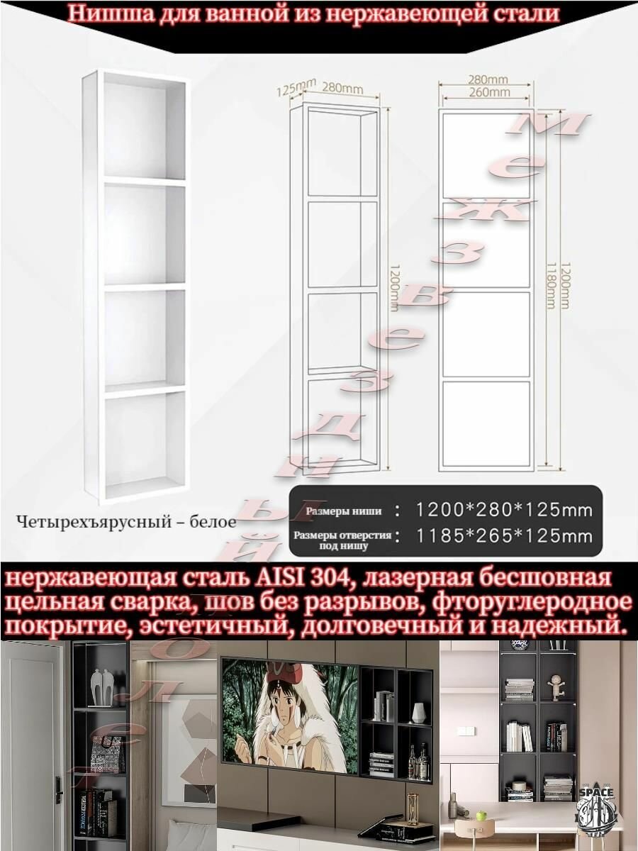 Встраиваемая ниша-полка из нержавеющей стали AISI 304 для ванной и ТВ — бесшовная, рамка 10 мм, угол слива 90.5°