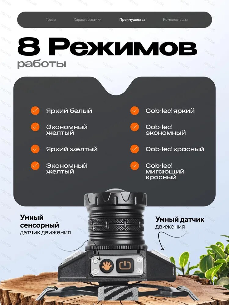 Налобный фонарь аккумуляторный светодиодный с умным датчиком движения до 3000м освещения — фото 1