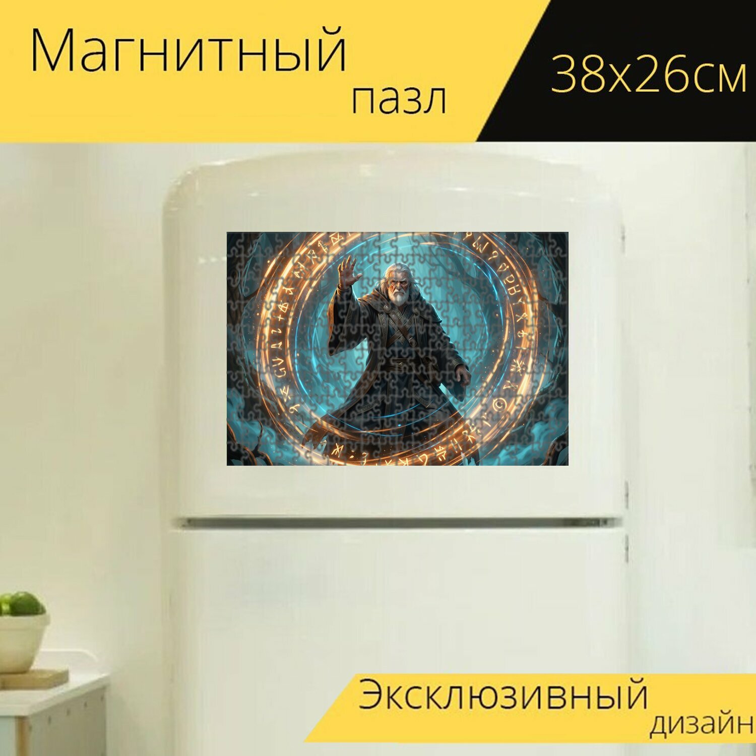 Магнитный пазл "Старый маг в руническом круге. Фэнтезийный волшебник в темном мистическом лесу, сияющая магия, светящиеся руны, голубое свечение, золотые." для интерьера, 38х26 см.