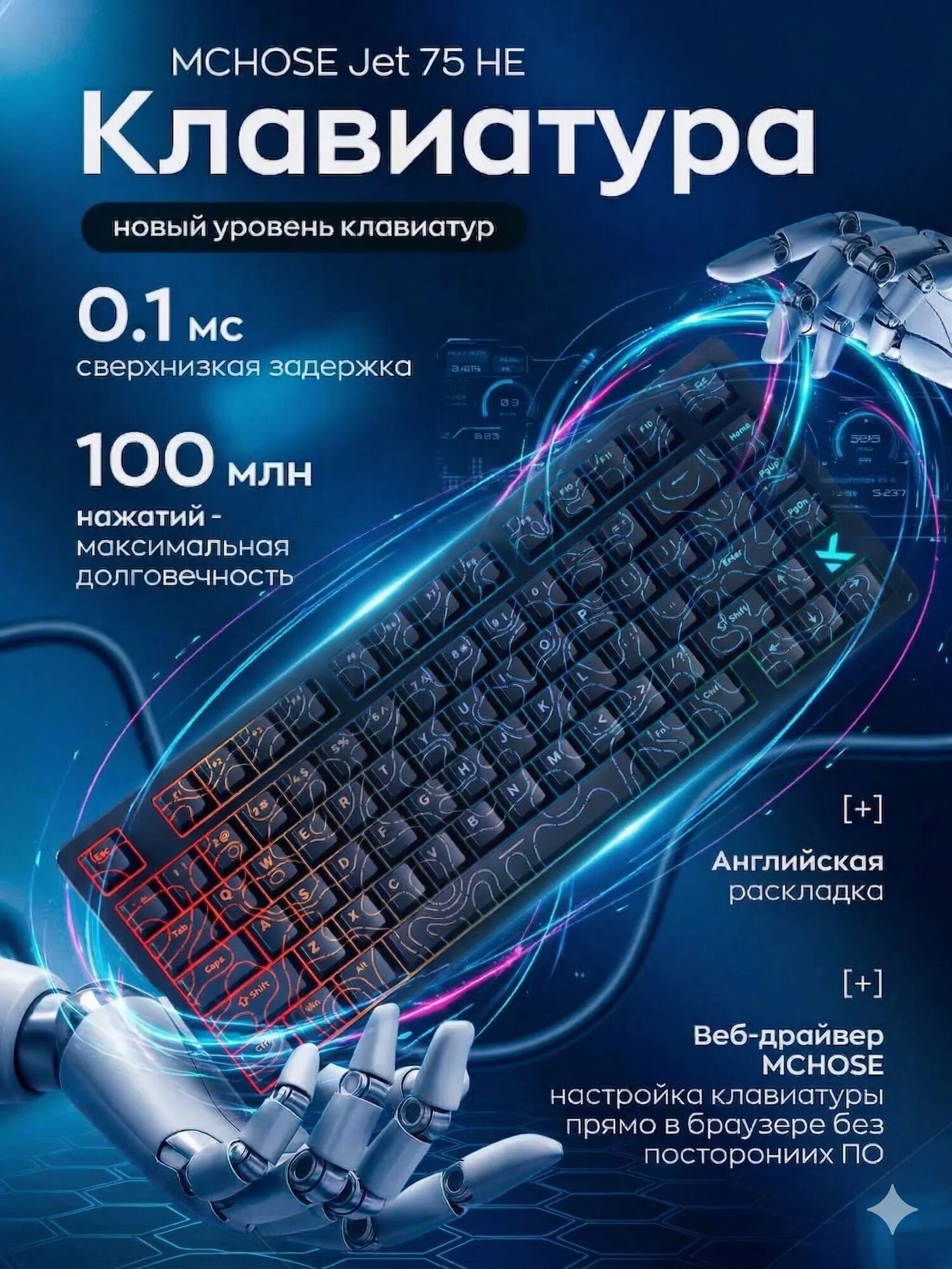MCHOSE Игровая клавиатура проводная Jet 75 HE, Русс раскладка, Kailh Magnetic God Switch, Topographic, черный, оливковый