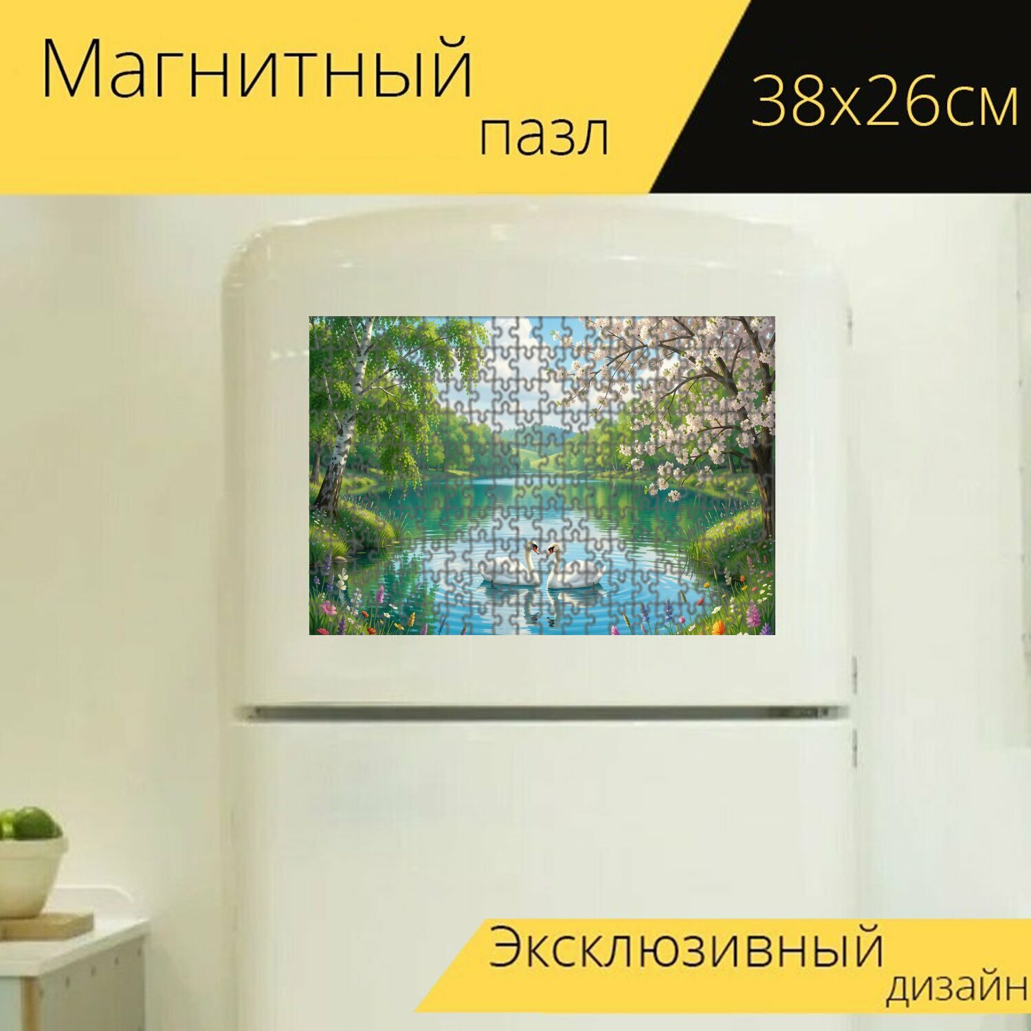 Магнитный пазл "Лебеди на весеннем озере. Романтичный природный пейзаж: пара белоснежных птиц на тихой водной глади, цветущие деревья, берёза, луговые." для интерьера, 38х26 см.
