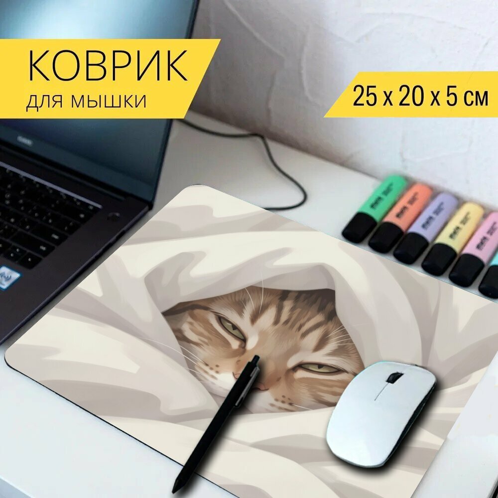 Коврик для мыши с принтом "Полосатый кот под одеялом. Уютная мордочка домашней кошки, укутанной в мягкое белое покрывало. Нежная цифровая иллюстрация в бежевых и кремовых." 25x20см.