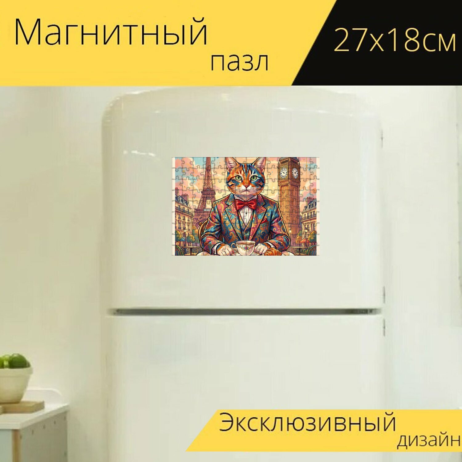 Магнитный пазл "Нарядный кот в кафе. Антропоморфный рыжий кот в узорном костюме с бабочкой сидит за столиком с чашкой и круассаном, на фоне Эйфелевой." на холодильник 27 x 18 см.