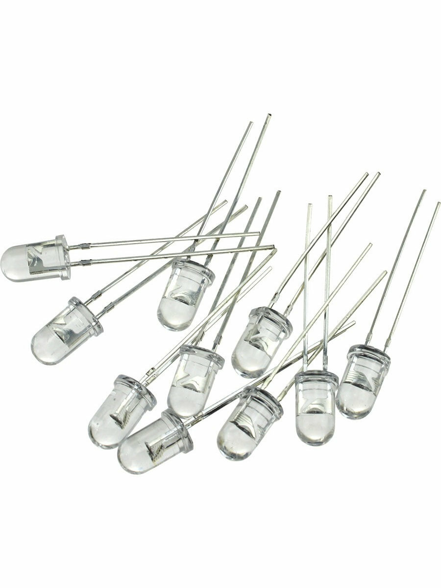 Светодиод 5мм, цвет белый холодный, прозрачная линза, упаковка 10шт