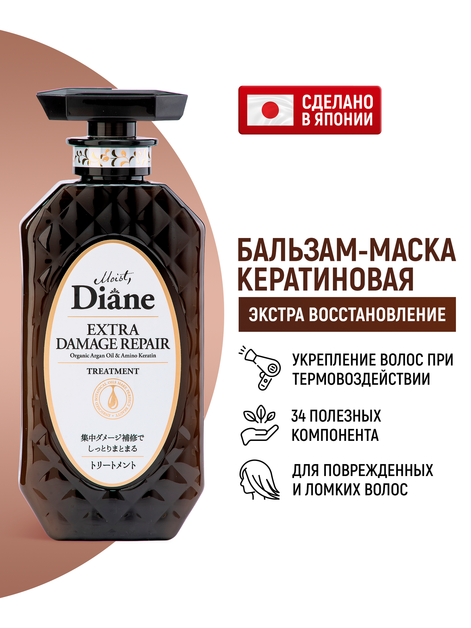 Moist Diane Бальзам-маска кератиновая Perfect Beauty "Восстановление" / Кондиционер восстанавливающий для поврежденных и окрашенных волос / С керамидами и аргановым маслом (Япония) 450 мл