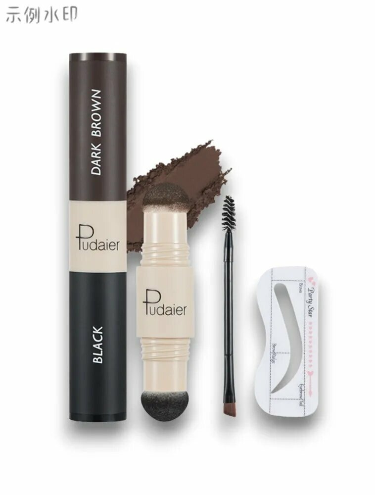 Пудра для бровей двойная (тени для бровей), 10 трафаретов, 1 двусторонняя щеточка, темно-коричневая