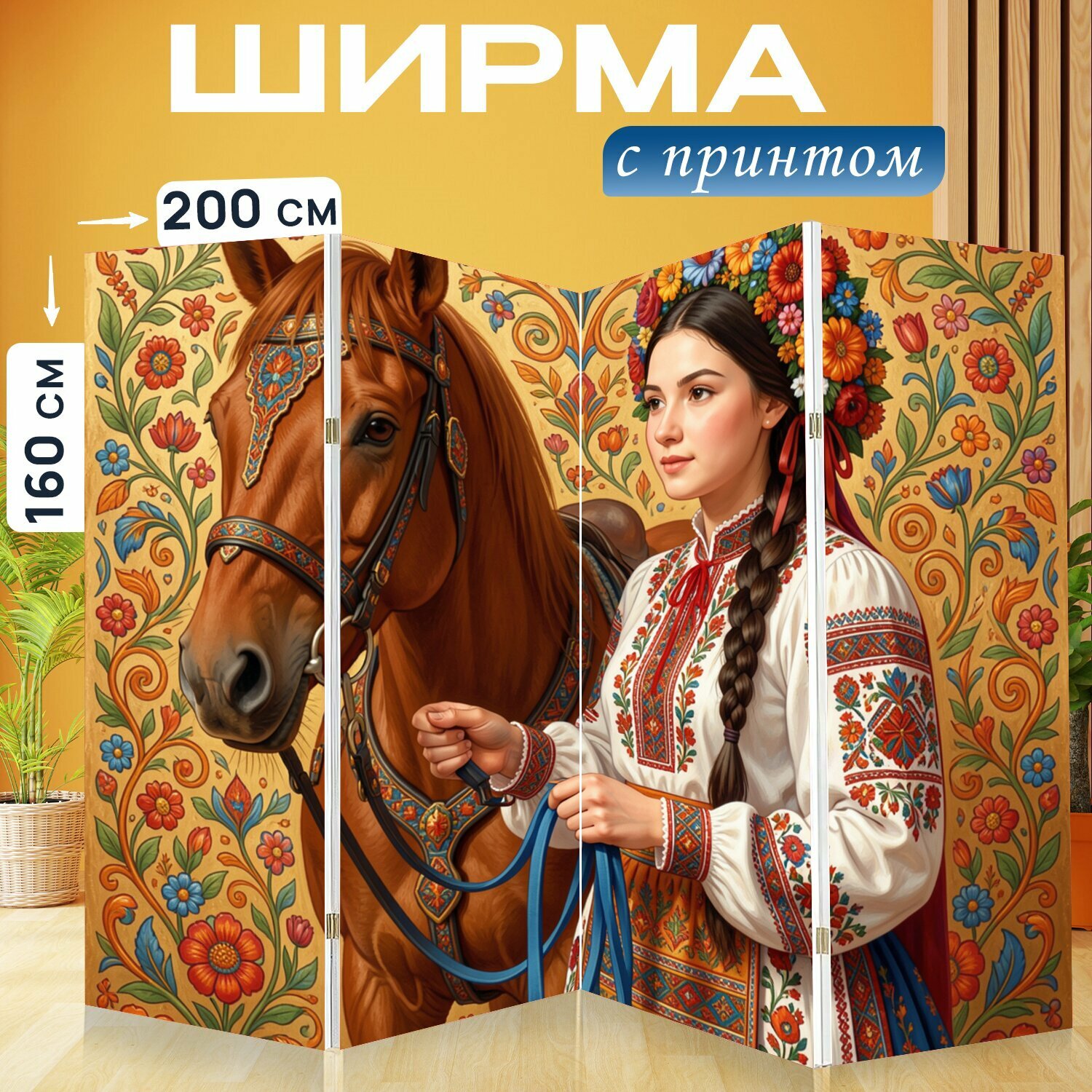 Ширма "Девушка с лошадью в народном стиле. Русская красавица в вышиванке рядом с рыжим конём, яркий цветочный." перегородка для зонирования комнаты с принтом 200x160 см. на холсте