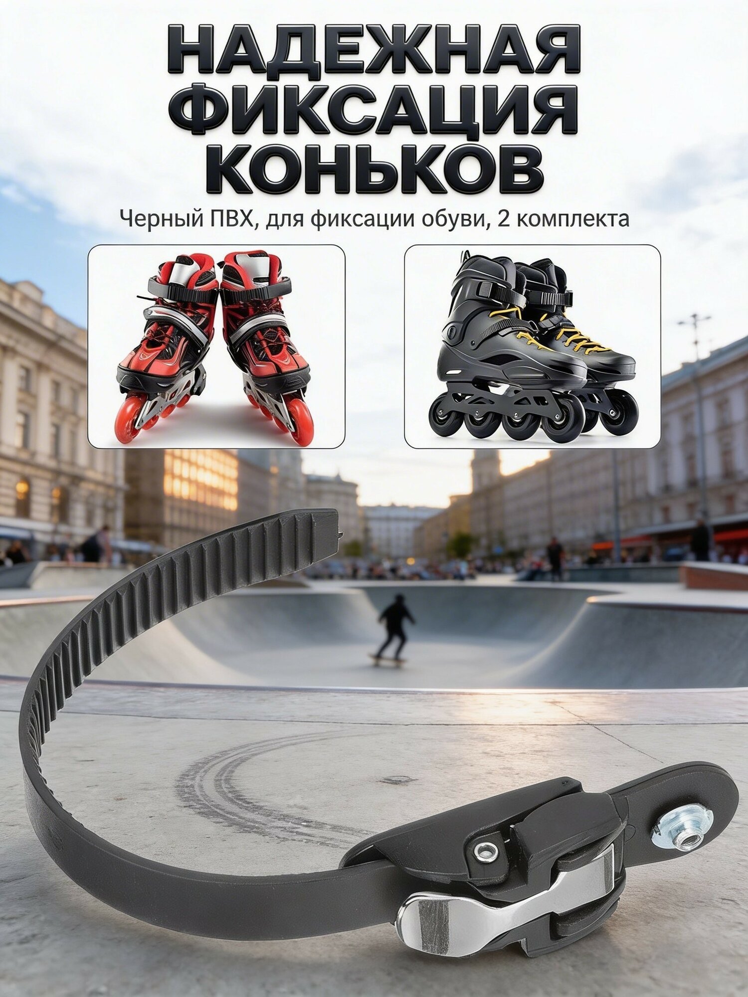 Ремень для коньков с застежкой и пряжкой, черный ПВХ для фиксации обуви, комплект из 2 комплектов