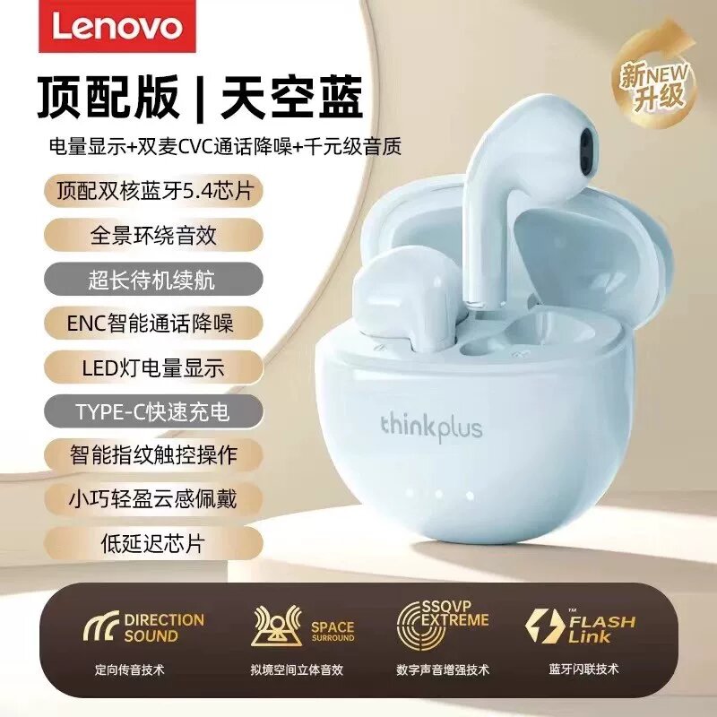 Lenovo беспроводные наушники Bluetooth 5.4 с 3D пространственным звуком и HD-звонком в свежем синем цвете