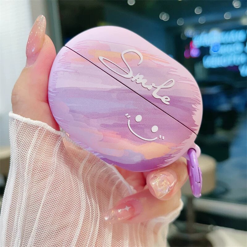 Силиконовый чехол для наушников Huawei FreeBuds 4/4e — Пурпурный рисунок Облако с улыбкой с шнурком