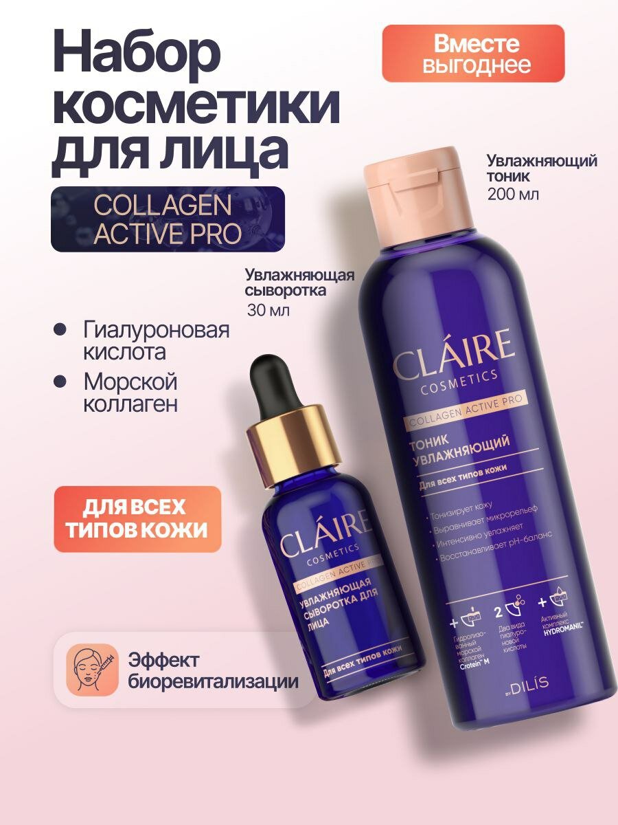 Набор косметики: Сыворотка для лица увлажняющая и тоник очищающий / Claire Cosmetics