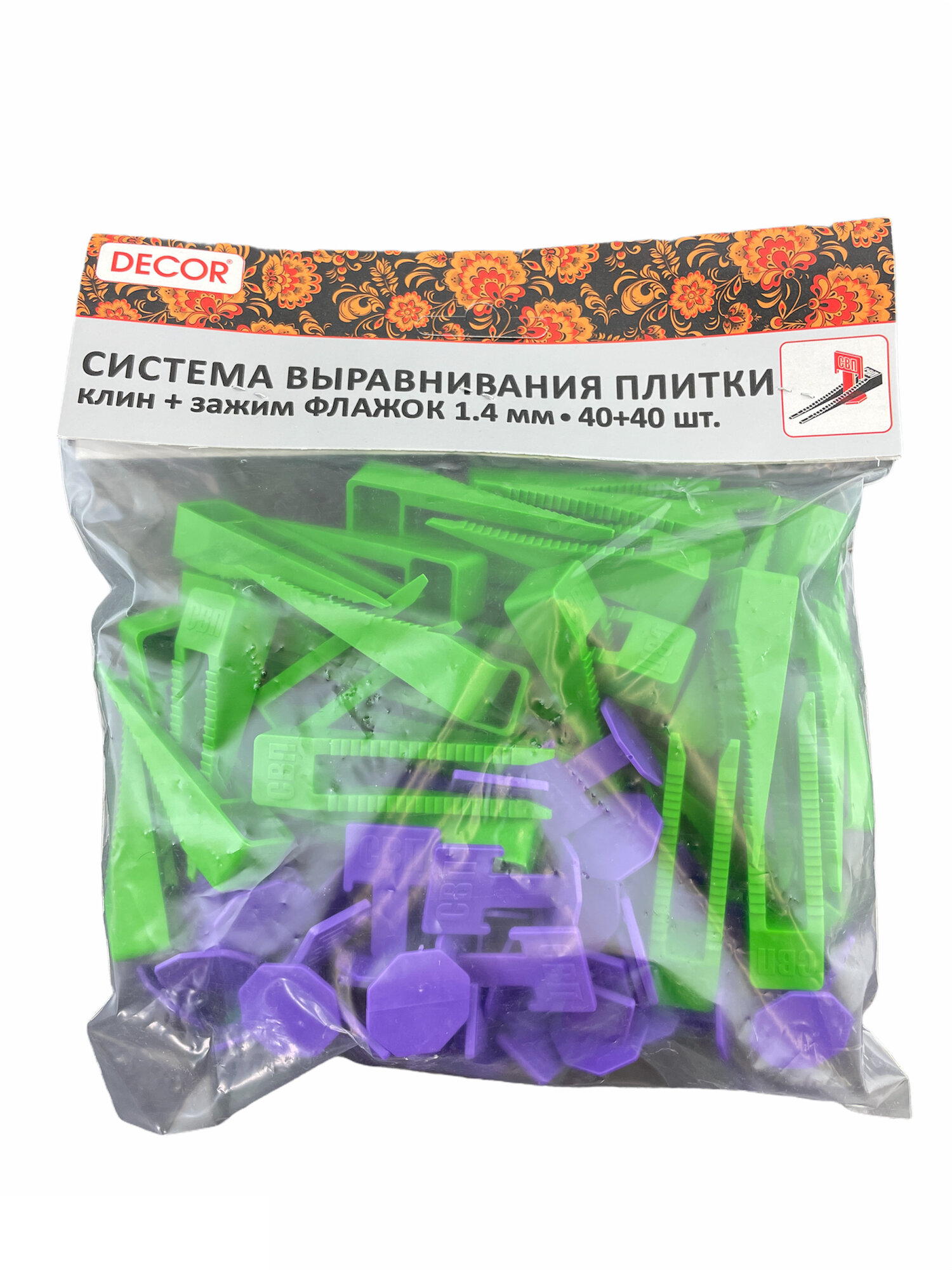 Система выравнивания плитки, комплект: клин и зажим "Флажок", ширина шва 1,4 мм, для плитки от 4 до 14 мм, 80 шт.