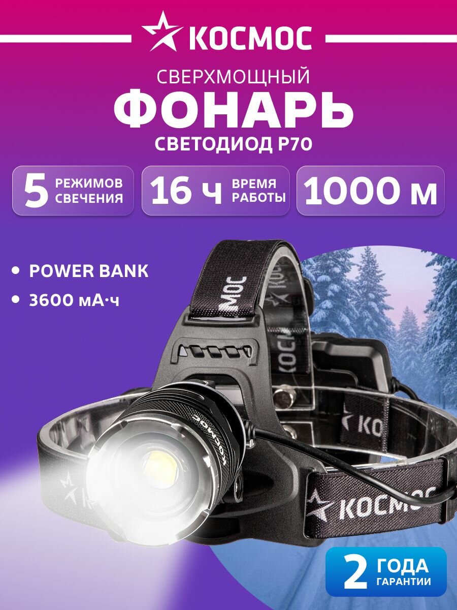 Фонарь налобный, аккумуляторный, светодиодный, LED с зарядкой