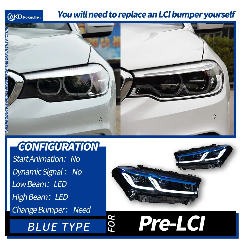 Фары AKD Car Lights для BMW G30 с лампой-ст прожектором LED 2017-2021 модельных годов серия 5 530i 525i Фары передние Дневные ходовые огни Сигнальные Автомобильные аксессуары