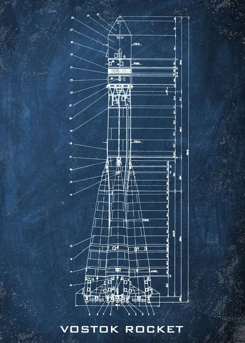 Космический чертеж Vostok Rocket, 30x40см, темно-синий