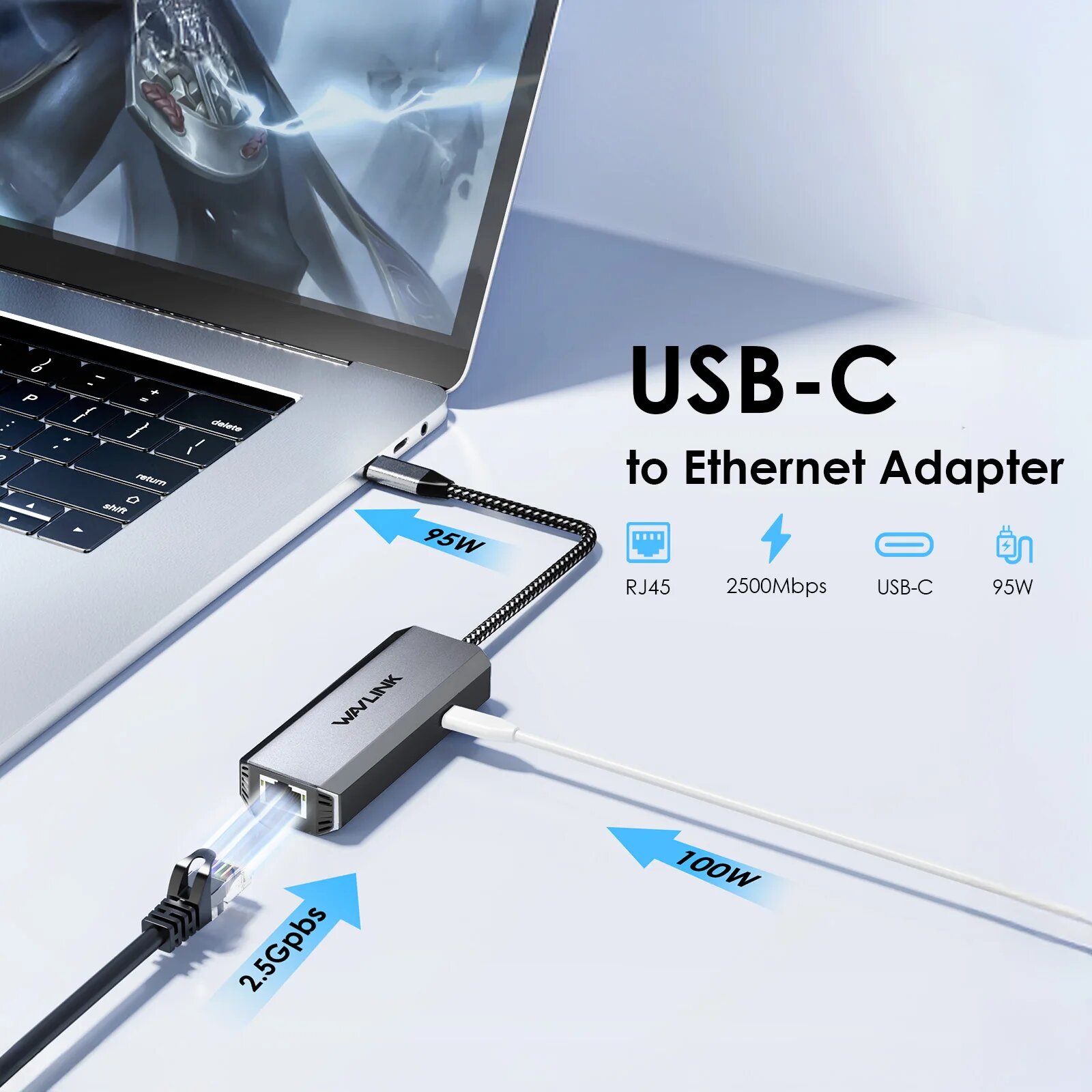 WAVLINK USB-C Ethernet адаптер 2.5G, 95W PD
