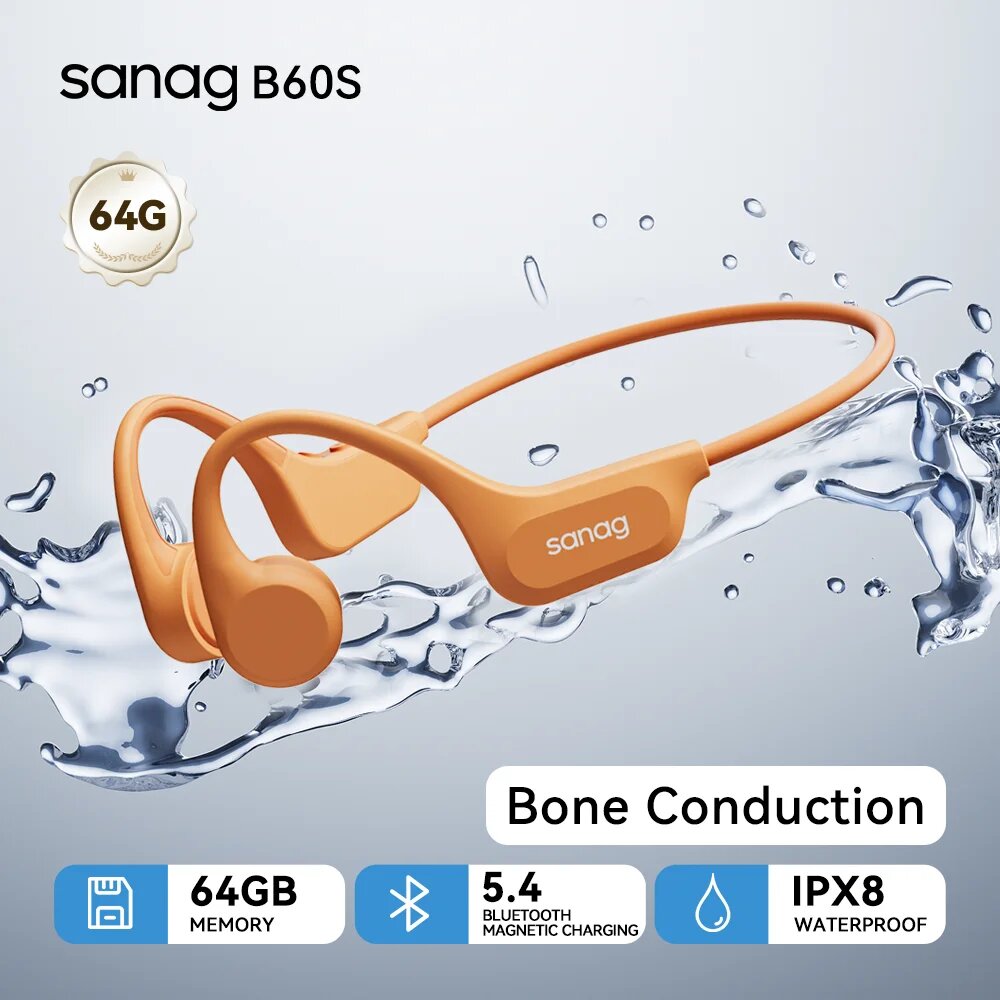 Sanag B60S Pro Max Беспроводные наушники костной проводимости, 64 ГБ памя, Orange