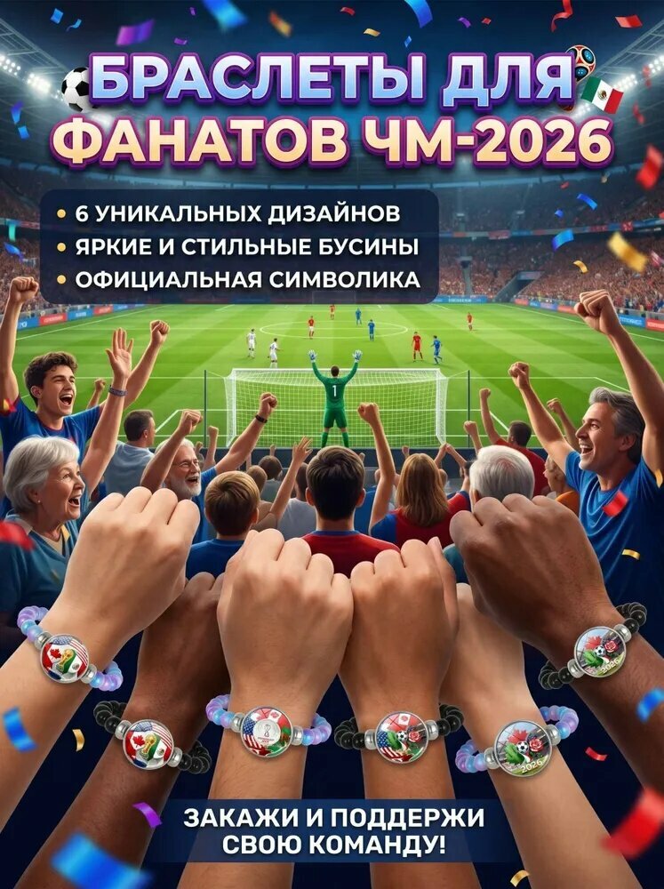 Браслет "Чемпионат мира FIFA 2026 (США, Канада, Мексика)", фан-аксессуар с радужными бусинами — фото 1