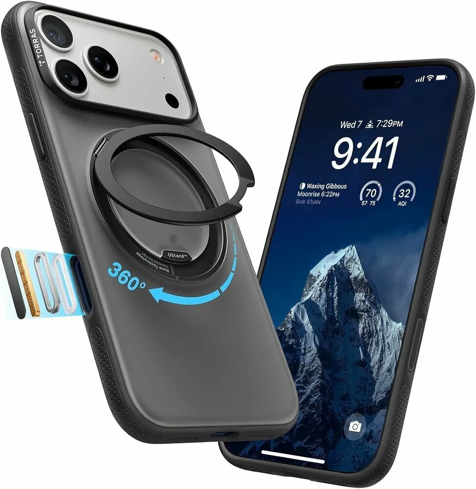 Защитный чехол TORRAS с магнитной подставкой 360 для iPhone 17 Pro, ультратонкий, полупрозрачный, цвет Обсидиановый черный.