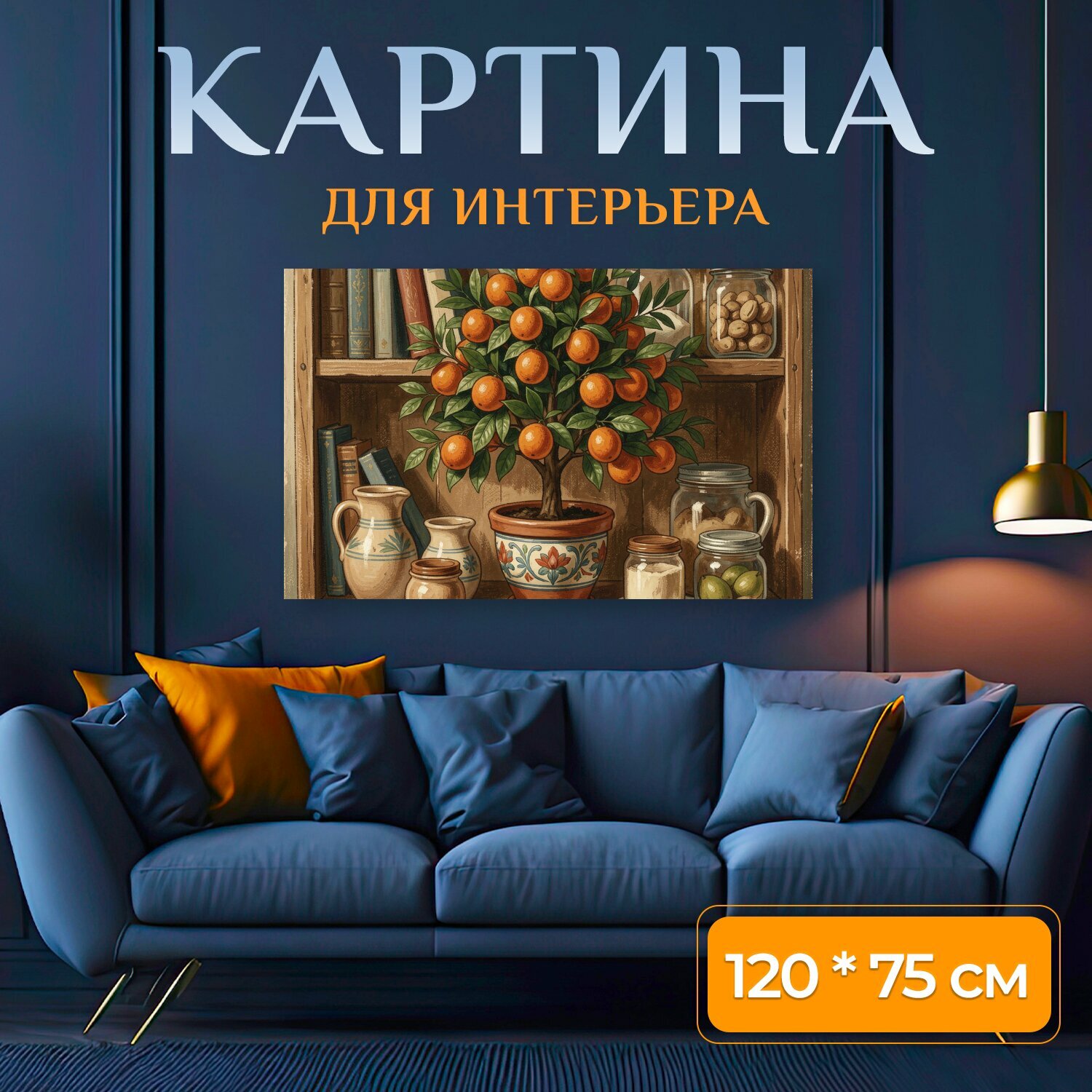 Картина на холсте "Апельсиновое дерево в интерьере. Уютная натюрмортная композиция с цитрусовым деревцем в расписном горшке, книгами, банками." на подрамнике 120х75 см. для интерьера