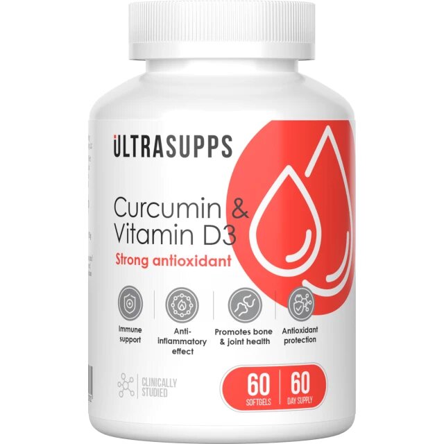 UltraSupps Curcumin & Vitamin D3 60 софтгель. Для иммунитета и антиоксидантной защиты. Произведено в Дубае