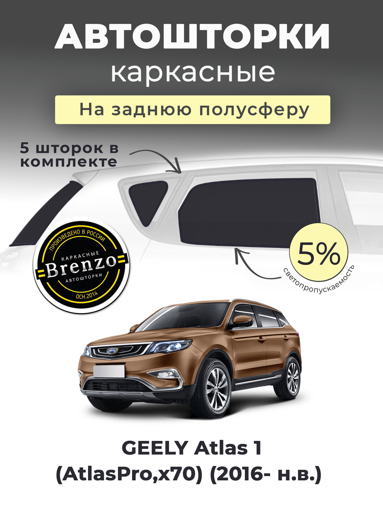 Каркасные шторки GEELY Atlas 1 (AtlasPro, x70) (2016- н. в.) на заднюю полусферу 5%, сетки от солнца в машину